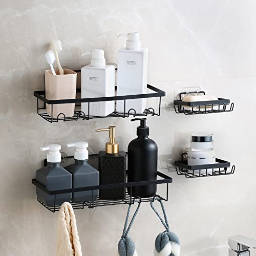 HYG easyshop Black Self Adhesive Shower Shelves, 2 Pack Stainless Steel Shower Caddy with Soap Holder, Rustproof Shower Rack Suitable for Bathroom, Kitchen