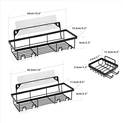 HYG easyshop Black Self Adhesive Shower Shelves, 2 Pack Stainless Steel Shower Caddy with Soap Holder, Rustproof Shower Rack Suitable for Bathroom, Kitchen