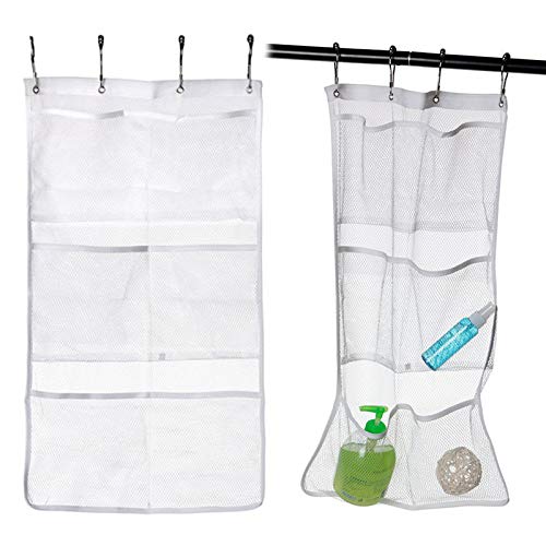 Bonlting 4 Rings Quick Dry Hanging Caddy and Bath Organizer with 6-Pocket, Hang on Shower Curtain, Shower Organizer, Mesh Shower Caddy, Bathroom Accessories, Save Space in Small Bathroom Tub