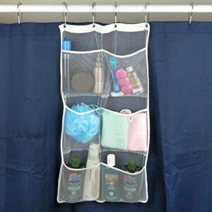 Bonlting 4 Rings Quick Dry Hanging Caddy and Bath Organizer with 6-Pocket, Hang on Shower Curtain, Shower Organizer, Mesh Shower Caddy, Bathroom Accessories, Save Space in Small Bathroom Tub