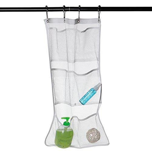 Bonlting 4 Rings Quick Dry Hanging Caddy and Bath Organizer with 6-Pocket, Hang on Shower Curtain, Shower Organizer, Mesh Shower Caddy, Bathroom Accessories, Save Space in Small Bathroom Tub