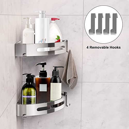 Corner Shower Caddy 2 Pack Shower Organizer Rustproof Stainless Steel No Drilling Wall Mounted Shower Caddy with Hooks for Bathroom Shower Dorm Toilet Kitchen (Adhesive)