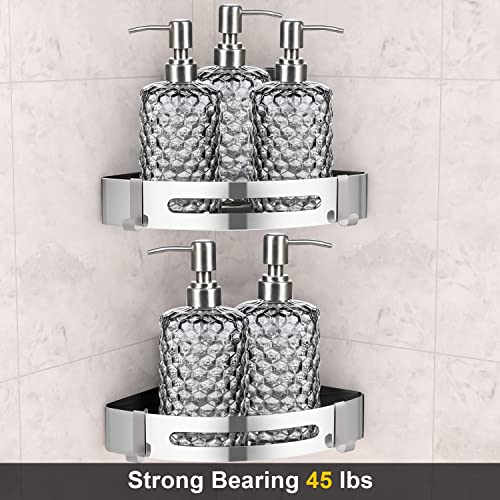 Corner Shower Caddy 2 Pack Shower Organizer Rustproof Stainless Steel No Drilling Wall Mounted Shower Caddy with Hooks for Bathroom Shower Dorm Toilet Kitchen (Adhesive)