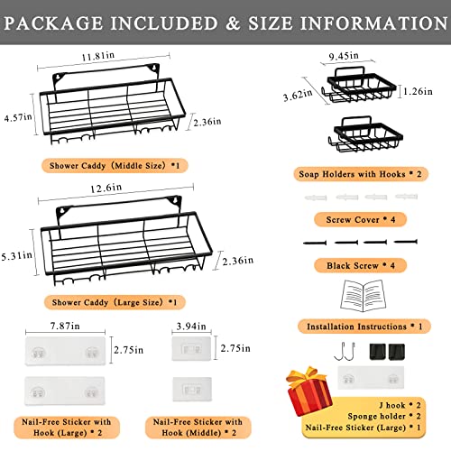 6 Pack Shower Caddy, Bathroom Shower Organizer with 2 Soap Dishes & 2 Sponge Holders, No Drilling Adhesive Shower Shelves with J Hooks, Wall-Mounted Shower Shelf for Inside Shower & Kitchen