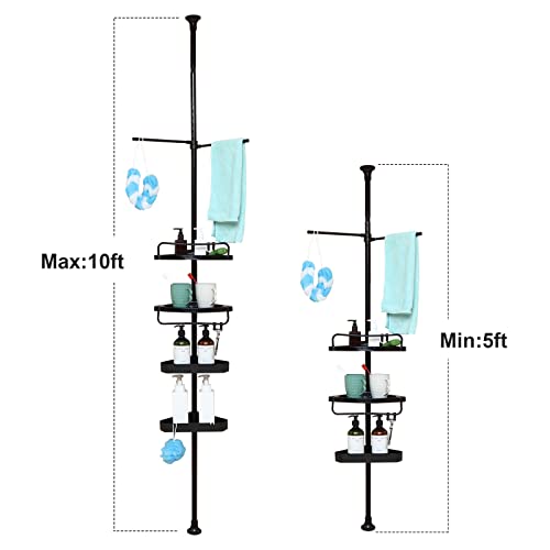 Shower Caddy Corner Organizer for Bathroom,Caddy Shelves cirner Storage Bathtub Shampoo Holder Rack with rustproof Tension Pole 4-Tier Adjustable Stand on Floor Black