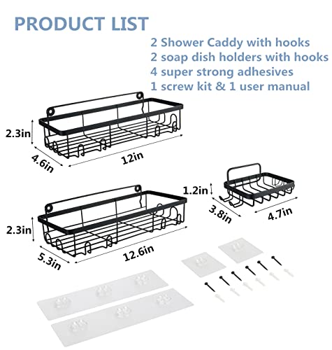 FouCortty Shower Caddy Basket Shelf Organizer with Soap Dishes,Bathroom Storage Rack,Adhesive No Drilling Wall Mounted Shower Kitchen Storage Accessories, SUS304 Stainless Steel - 4 Pack (Black)