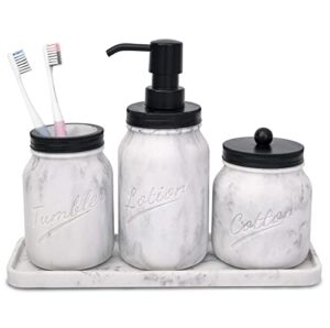 artfrog bathroom accessory set,marble bathroom accessories,mason jar bathroom accessory set, 4 pcs bathroom accessory set, marble look, include lotion dispenser &tumbler& cotton jar&tray