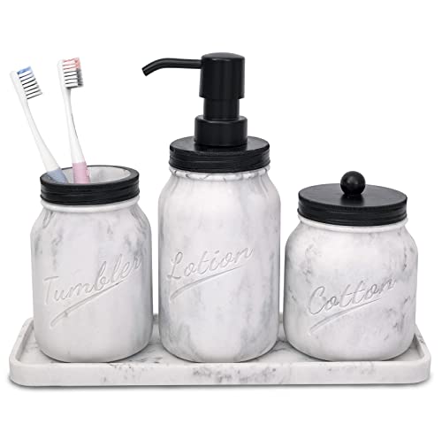 Artfrog Bathroom Accessory Set,Marble Bathroom Accessories,Mason Jar Bathroom Accessory Set, 4 Pcs Bathroom Accessory Set, Marble Look, Include Lotion Dispenser &Tumbler& Cotton Jar&Tray