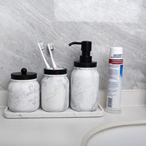 Artfrog Bathroom Accessory Set,Marble Bathroom Accessories,Mason Jar Bathroom Accessory Set, 4 Pcs Bathroom Accessory Set, Marble Look, Include Lotion Dispenser &Tumbler& Cotton Jar&Tray