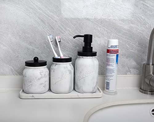 Artfrog Bathroom Accessory Set,Marble Bathroom Accessories,Mason Jar Bathroom Accessory Set, 4 Pcs Bathroom Accessory Set, Marble Look, Include Lotion Dispenser &Tumbler& Cotton Jar&Tray