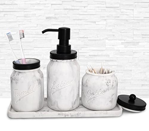 Artfrog Bathroom Accessory Set,Marble Bathroom Accessories,Mason Jar Bathroom Accessory Set, 4 Pcs Bathroom Accessory Set, Marble Look, Include Lotion Dispenser &Tumbler& Cotton Jar&Tray