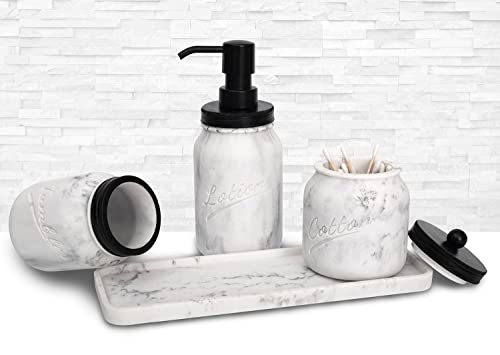 Artfrog Bathroom Accessory Set,Marble Bathroom Accessories,Mason Jar Bathroom Accessory Set, 4 Pcs Bathroom Accessory Set, Marble Look, Include Lotion Dispenser &Tumbler& Cotton Jar&Tray