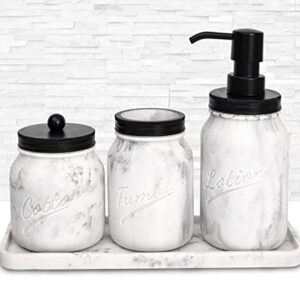 Artfrog Bathroom Accessory Set,Marble Bathroom Accessories,Mason Jar Bathroom Accessory Set, 4 Pcs Bathroom Accessory Set, Marble Look, Include Lotion Dispenser &Tumbler& Cotton Jar&Tray