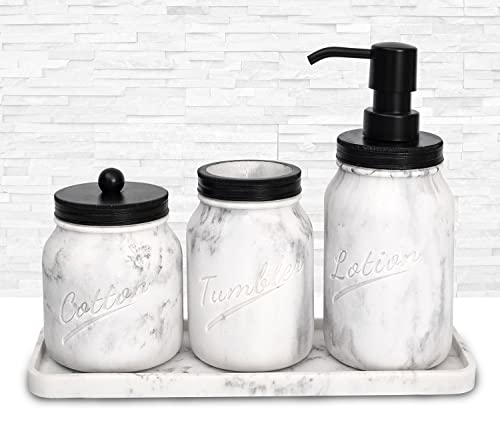 Artfrog Bathroom Accessory Set,Marble Bathroom Accessories,Mason Jar Bathroom Accessory Set, 4 Pcs Bathroom Accessory Set, Marble Look, Include Lotion Dispenser &Tumbler& Cotton Jar&Tray