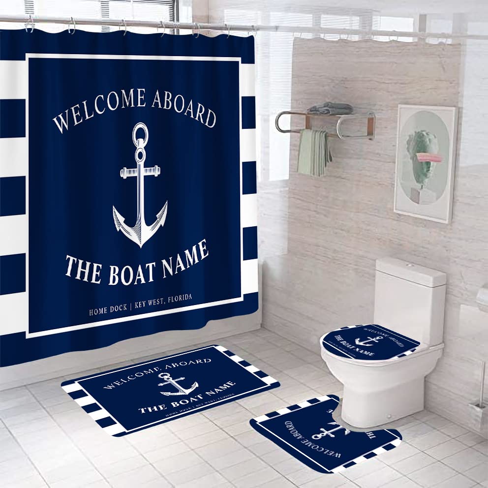 4Pcs Navy Blue Anchor Shower Curtain Set with Non-Slip Rugs and Toilet Lid Cover Navy Strip Nautical Theme Fabric Shower Curtain Bathroom Decor with Hooks Waterproof Washable 72" x 72''