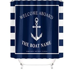 4Pcs Navy Blue Anchor Shower Curtain Set with Non-Slip Rugs and Toilet Lid Cover Navy Strip Nautical Theme Fabric Shower Curtain Bathroom Decor with Hooks Waterproof Washable 72" x 72''