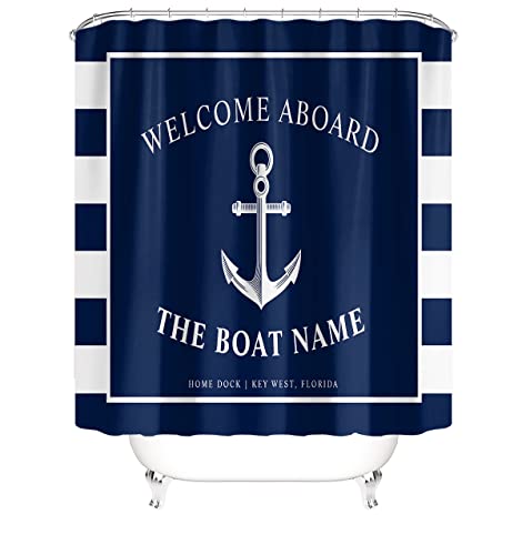 4Pcs Navy Blue Anchor Shower Curtain Set with Non-Slip Rugs and Toilet Lid Cover Navy Strip Nautical Theme Fabric Shower Curtain Bathroom Decor with Hooks Waterproof Washable 72" x 72''