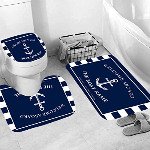 4Pcs Navy Blue Anchor Shower Curtain Set with Non-Slip Rugs and Toilet Lid Cover Navy Strip Nautical Theme Fabric Shower Curtain Bathroom Decor with Hooks Waterproof Washable 72" x 72''