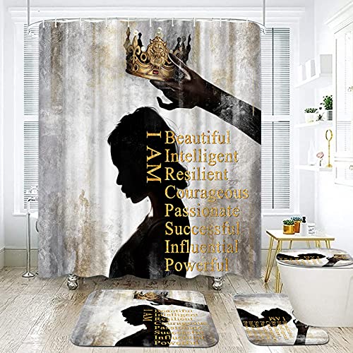 SiMiWOW African American Black Girl with Gold Crown Motivational Shower Curtain Set with Rugs Girls Bathroom Decor Curtain with Mats, Set of 4