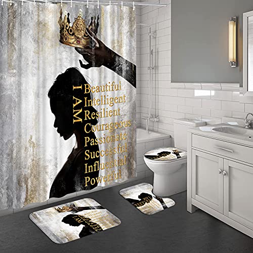 SiMiWOW African American Black Girl with Gold Crown Motivational Shower Curtain Set with Rugs Girls Bathroom Decor Curtain with Mats, Set of 4