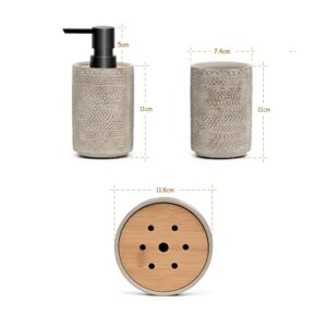 Bathroom Accessory Set, Grey Soap Dispenser Toothbrush Holder Set, Concrete Bathroom Accessories Set - Includes Soap Dispenser, Tumbler, Soap Dish (Vintage Engraving - Concrete)