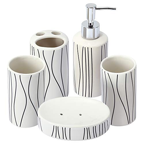 LUEUR 5 Pieces Ceramic Bathroom Accessories Set Includes Soap Dispenser, Soap Dish, 2 Tumblers, Divided Toothbrush Holder w/ Striped Line Printed