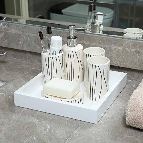 LUEUR 5 Pieces Ceramic Bathroom Accessories Set Includes Soap Dispenser, Soap Dish, 2 Tumblers, Divided Toothbrush Holder w/ Striped Line Printed