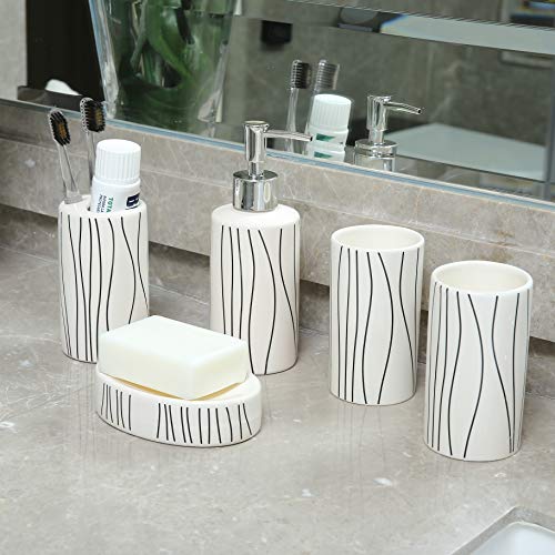 LUEUR 5 Pieces Ceramic Bathroom Accessories Set Includes Soap Dispenser, Soap Dish, 2 Tumblers, Divided Toothbrush Holder w/ Striped Line Printed