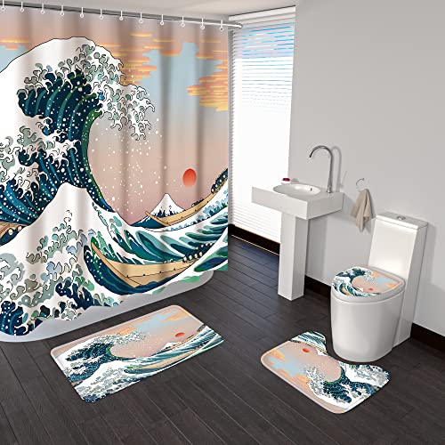 Blmiflwe 4 Piece Hokusai Great Wave Shower Curtain Set with Non-Slip Rugs,Toilet Lid Cover,U Shape Mat,Durable Rug Set Waterproof Funny Shower Curtains with 12 Hooks-Japanese Art Bathroom Decor Set