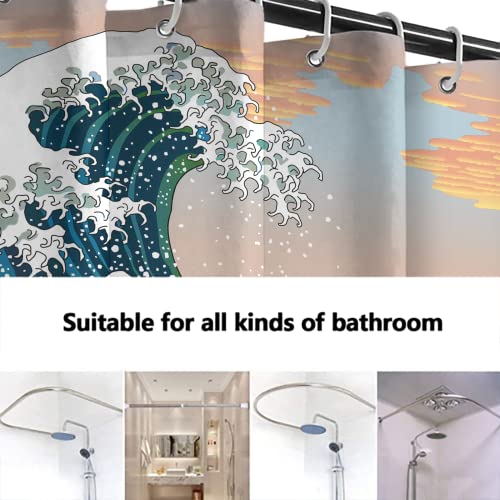 Blmiflwe 4 Piece Hokusai Great Wave Shower Curtain Set with Non-Slip Rugs,Toilet Lid Cover,U Shape Mat,Durable Rug Set Waterproof Funny Shower Curtains with 12 Hooks-Japanese Art Bathroom Decor Set