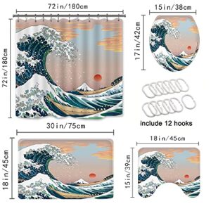 Blmiflwe 4 Piece Hokusai Great Wave Shower Curtain Set with Non-Slip Rugs,Toilet Lid Cover,U Shape Mat,Durable Rug Set Waterproof Funny Shower Curtains with 12 Hooks-Japanese Art Bathroom Decor Set