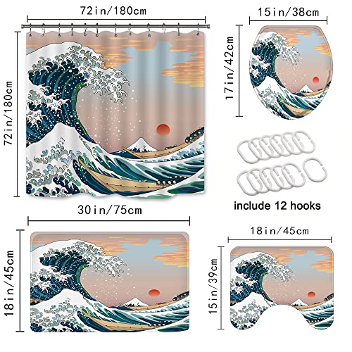 Blmiflwe 4 Piece Hokusai Great Wave Shower Curtain Set with Non-Slip Rugs,Toilet Lid Cover,U Shape Mat,Durable Rug Set Waterproof Funny Shower Curtains with 12 Hooks-Japanese Art Bathroom Decor Set