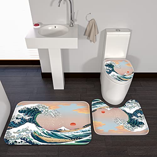 Blmiflwe 4 Piece Hokusai Great Wave Shower Curtain Set with Non-Slip Rugs,Toilet Lid Cover,U Shape Mat,Durable Rug Set Waterproof Funny Shower Curtains with 12 Hooks-Japanese Art Bathroom Decor Set