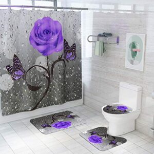 4 pcs rose flower shower curtain sets with non-slip rugs, toilet lid cover and bath mat, purple rose bathroom curtain with 12 hooks