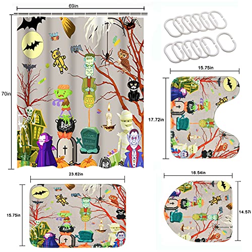 Alishomtll 4 Pcs Halloween Shower Curtain Set with Non-Slip Rugs, Toilet Lid Cover and Bath Mat, Colorful Cartoon Pumpkin Shower Curtains with 12 Hooks, Mummies Tree Ghost Bathroom Curtain