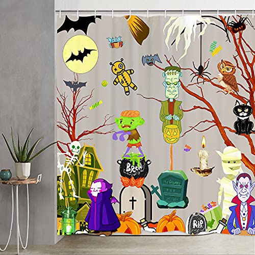 Alishomtll 4 Pcs Halloween Shower Curtain Set with Non-Slip Rugs, Toilet Lid Cover and Bath Mat, Colorful Cartoon Pumpkin Shower Curtains with 12 Hooks, Mummies Tree Ghost Bathroom Curtain