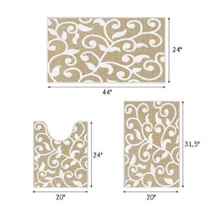 SUSSEXHOME Floral Design 3 Piece Bathroom Rugs Set - Non-Slip Ultra Thin Bath Rugs for Bathroom Floor - Washable Cotton Bathroom Mats Set