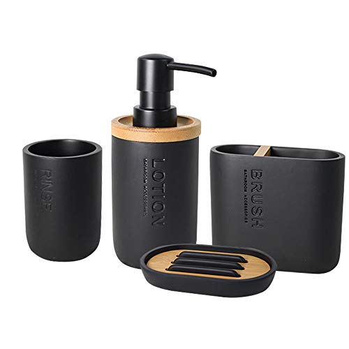 PFLife Black Bamboo Bathroom Accessories Matte Set of 4 Polyresin Lotion Soap Dispenser Toothbrush Holder Tumbler Soap Dish Bathroom Accessory Set