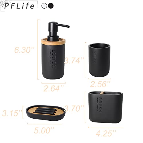 PFLife Black Bamboo Bathroom Accessories Matte Set of 4 Polyresin Lotion Soap Dispenser Toothbrush Holder Tumbler Soap Dish Bathroom Accessory Set