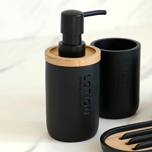 PFLife Black Bamboo Bathroom Accessories Matte Set of 4 Polyresin Lotion Soap Dispenser Toothbrush Holder Tumbler Soap Dish Bathroom Accessory Set