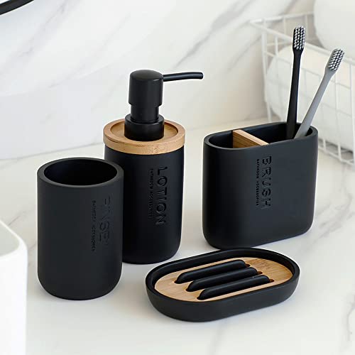 PFLife Black Bamboo Bathroom Accessories Matte Set of 4 Polyresin Lotion Soap Dispenser Toothbrush Holder Tumbler Soap Dish Bathroom Accessory Set