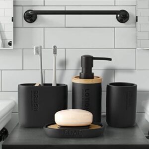 PFLife Black Bamboo Bathroom Accessories Matte Set of 4 Polyresin Lotion Soap Dispenser Toothbrush Holder Tumbler Soap Dish Bathroom Accessory Set