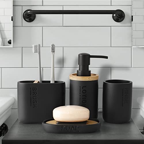 PFLife Black Bamboo Bathroom Accessories Matte Set of 4 Polyresin Lotion Soap Dispenser Toothbrush Holder Tumbler Soap Dish Bathroom Accessory Set