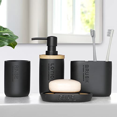 PFLife Black Bamboo Bathroom Accessories Matte Set of 4 Polyresin Lotion Soap Dispenser Toothbrush Holder Tumbler Soap Dish Bathroom Accessory Set