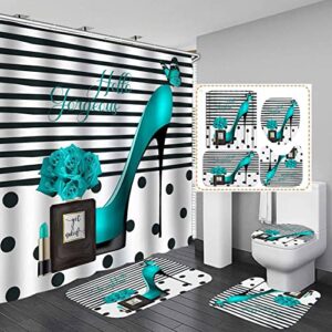 skailiÉ 4pcs teal high heels shower curtain set, hello gorgeous turquoise rose butterfly lipstick perfume makeup black and white striped polka dot modern fashion girl bathroom decor, non-slip bath mat