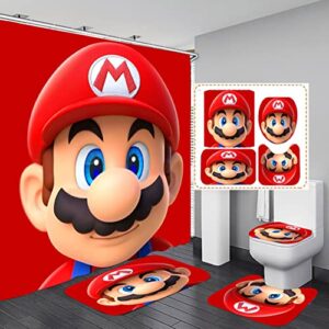 super mario bathroom 4 pieces set shower curtain, toilet lid cover and bath mat, non-slip rugs, durable and waterproof, for bathroom decor set, 72" x 72"