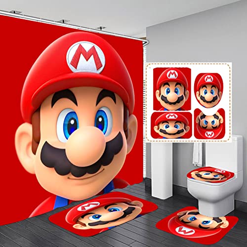 Super Mario Bathroom 4 Pieces Set Shower Curtain, Toilet Lid Cover and Bath Mat, Non-Slip Rugs, Durable and Waterproof, for Bathroom Decor Set, 72" x 72"