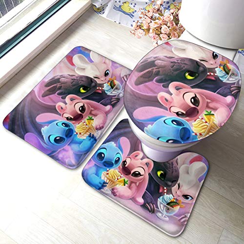 Stitch and Angel Bath Mat 3 Piece Set Anti-Skid Bathroom Carpet Set Soft Pads Bath Mat + Contour Pads + Toilet Lid Cover, Absorbent Carpet Bath and Mat Anti-Slip Pads Set