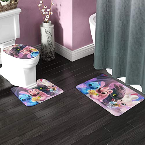 Stitch and Angel Bath Mat 3 Piece Set Anti-Skid Bathroom Carpet Set Soft Pads Bath Mat + Contour Pads + Toilet Lid Cover, Absorbent Carpet Bath and Mat Anti-Slip Pads Set