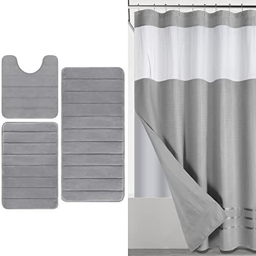 Yimobra Memory Foam Bath Mat Set & Yimobra Waffle Weave Shower Curtain Set with Snap-in Fabric Liner, Heavyweight Fabric with 12 Hooks